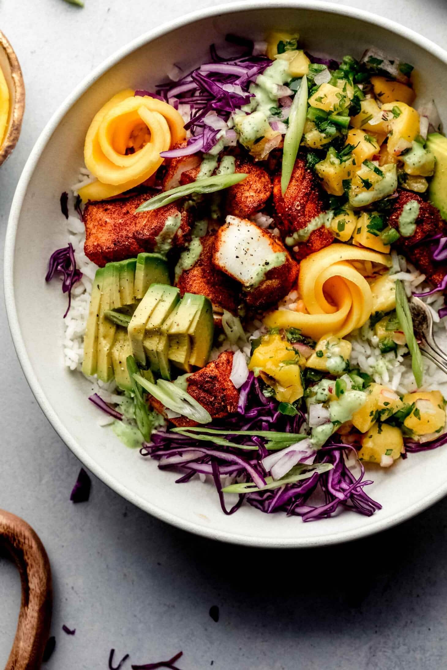 Fish Taco Bowl Recipe with Avocado Crema