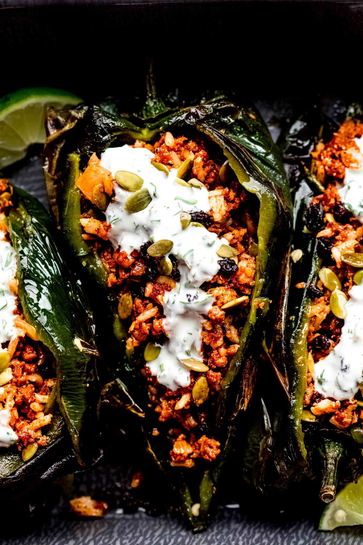 Mexican Stuffed Poblano Peppers with Lime Crema Sauce