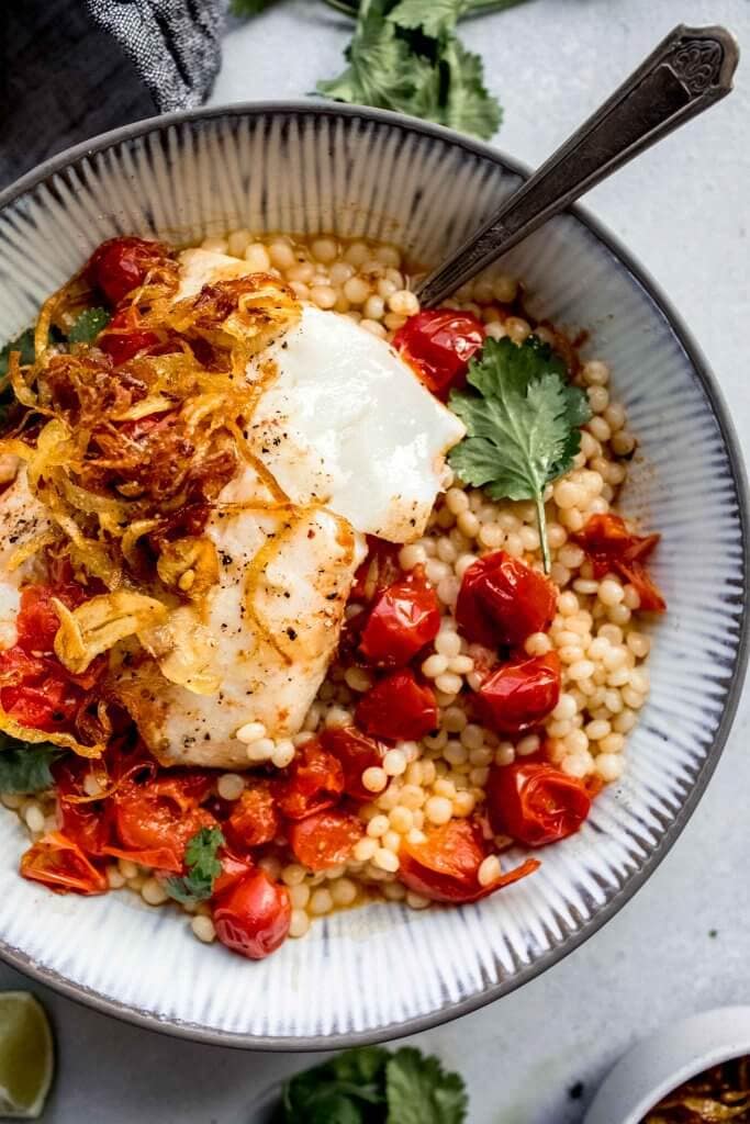 Tomato Poached Fish with Crispy Shallots + Chili