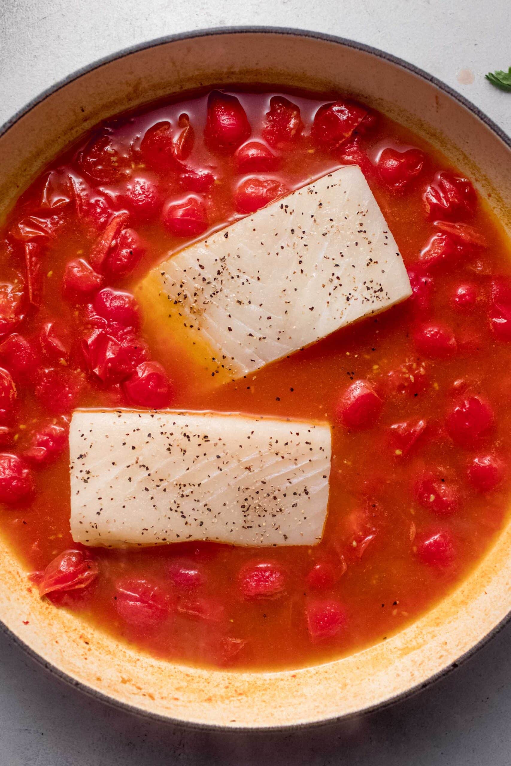 Tomato Poached Fish with Chile Oil + Herbs