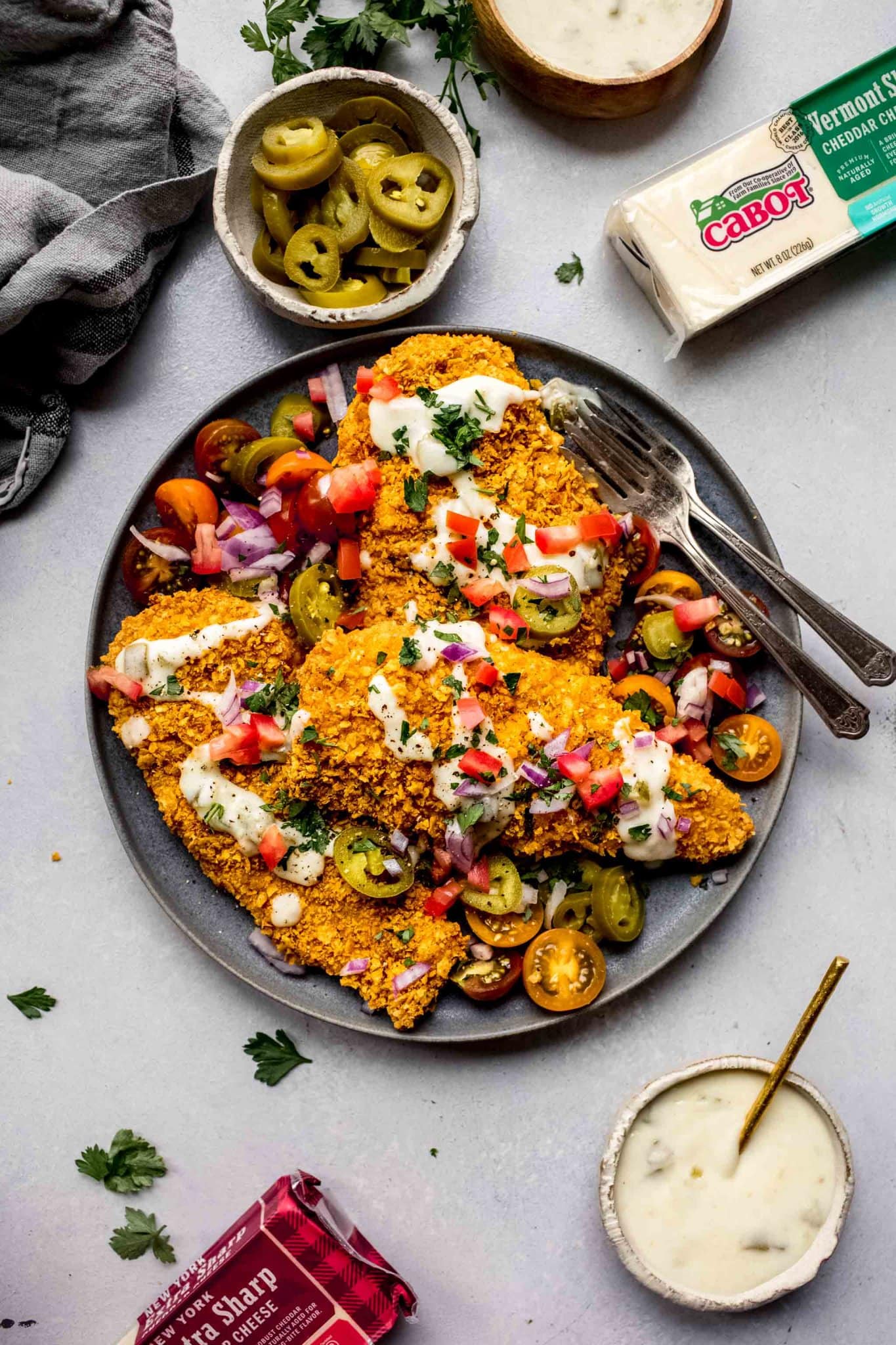 Tortilla Chip Crusted Chicken with Queso Sauce - Platings + Pairings