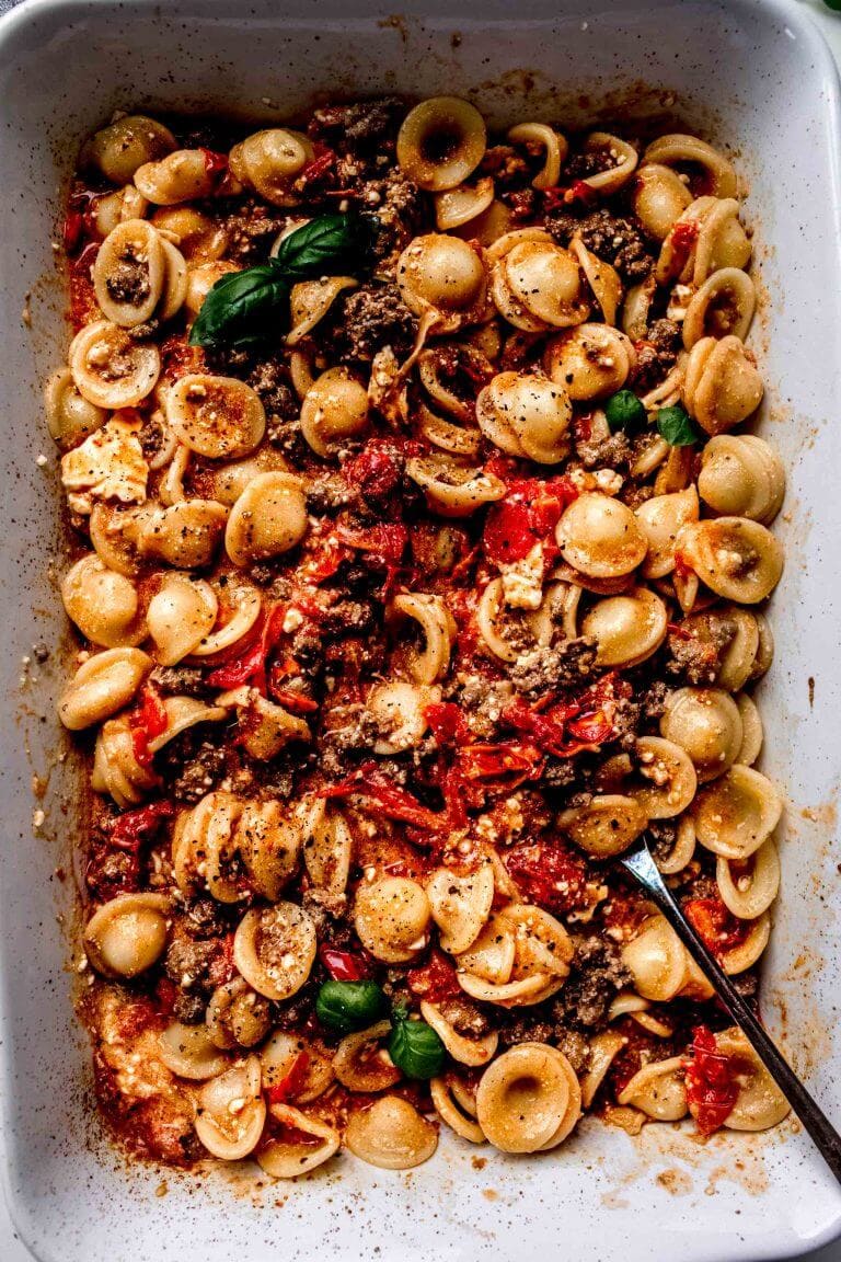 Ground Lamb Pasta with Baked Feta & Tomatoes