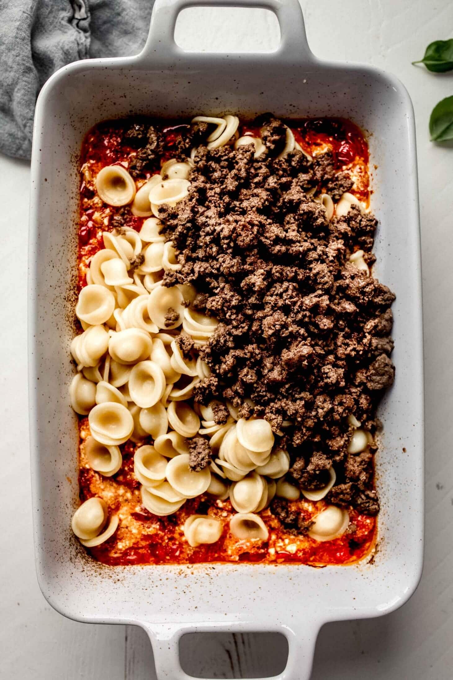 Ground Lamb Pasta with Baked Feta & Tomatoes