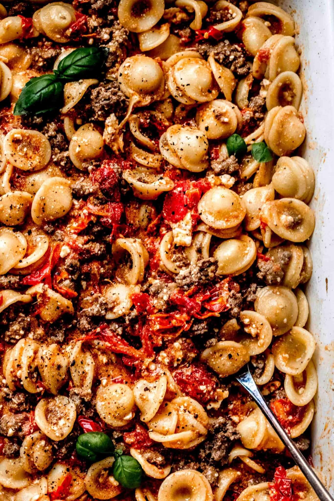 Ground Lamb Pasta with Baked Feta & Tomatoes