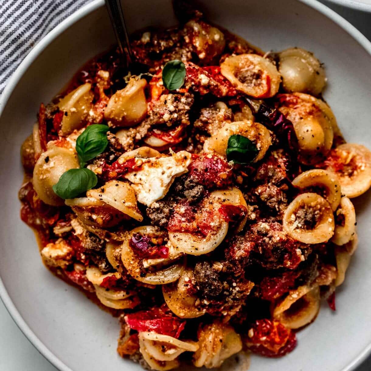 Ground Lamb Pasta with Baked Feta & Tomatoes