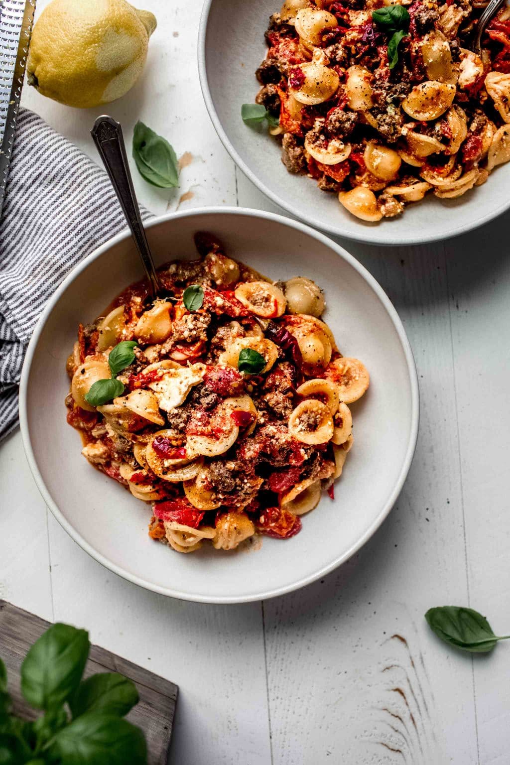 Ground Lamb Pasta with Baked Feta & Tomatoes