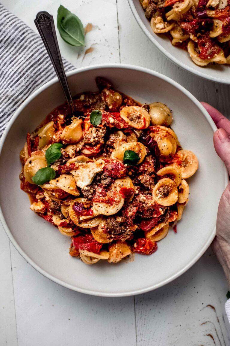 Ground Lamb Pasta with Baked Feta & Tomatoes
