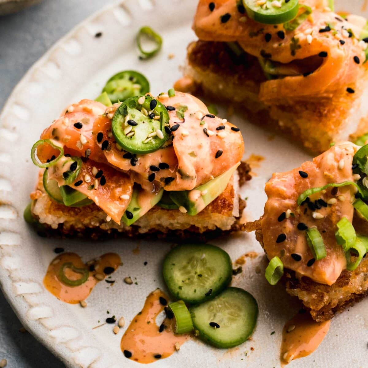 Crispy Rice Sushi Bites Recipe (Salmon Sushi Bites) - Platings + Pairings