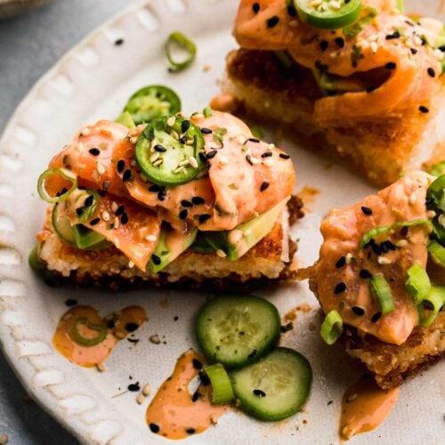 Crispy Rice Sushi Bites Recipe (Salmon Sushi Bites) - Platings + Pairings