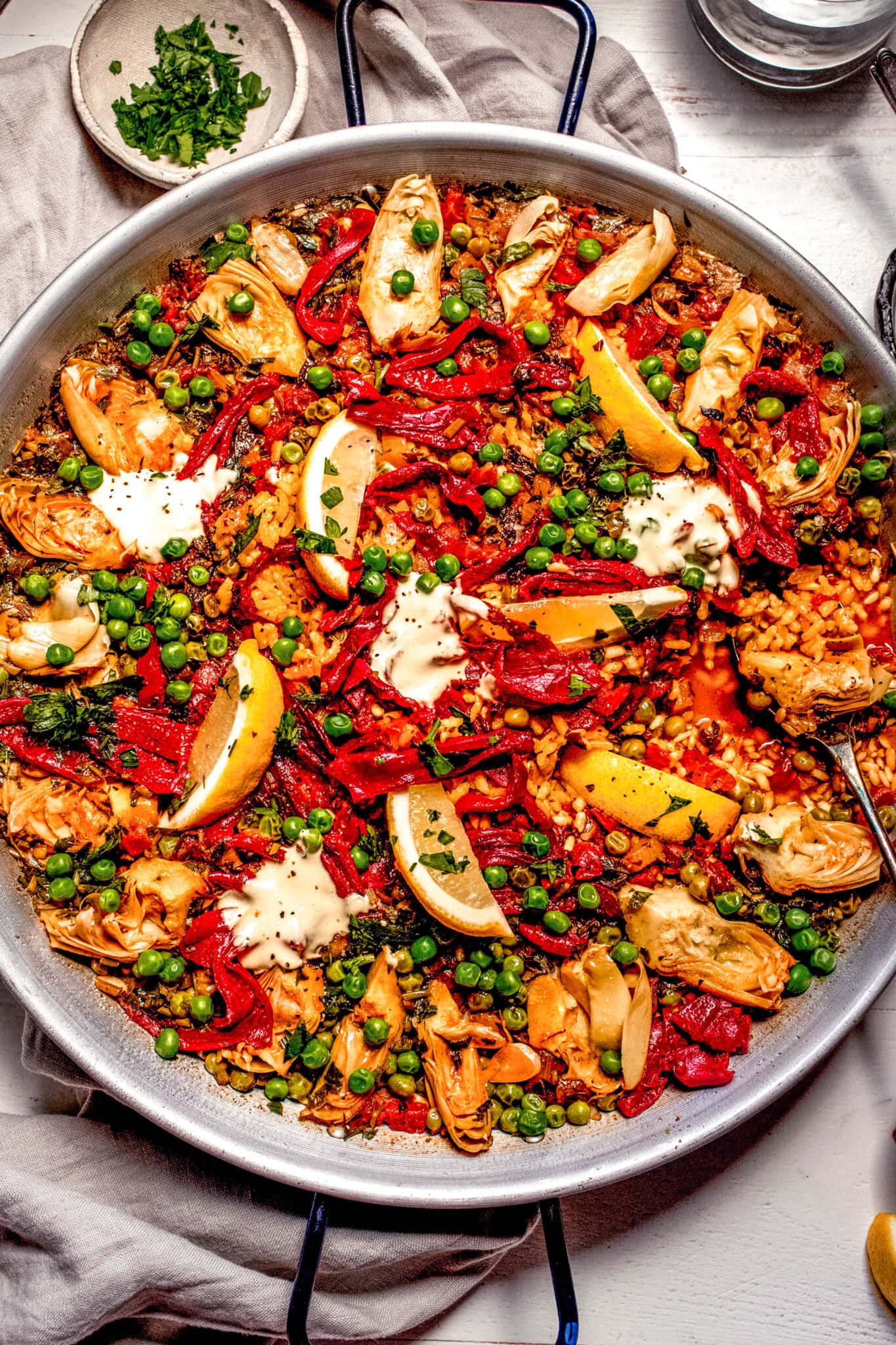 Vegetarian Paella with Artichokes and Creamy Garlic Aioli