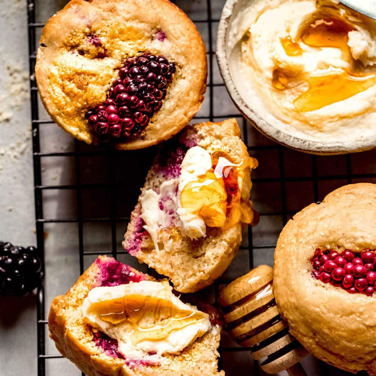 Blackberry Cornmeal Muffins with Whipped Honey Butter - Platings + Pairings