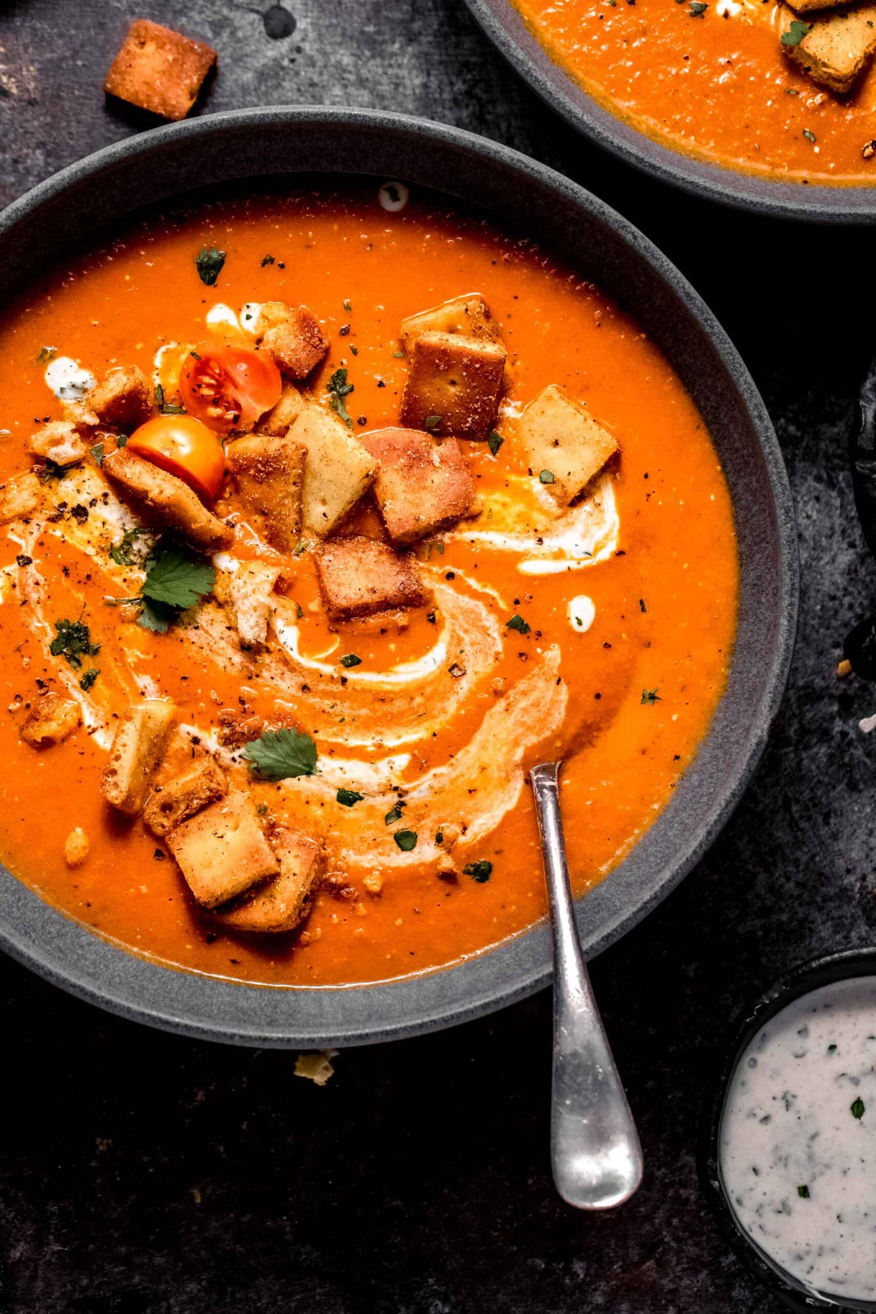 Indian-Spiced Tomato Soup with Naan Croutons & Yogurt Topping