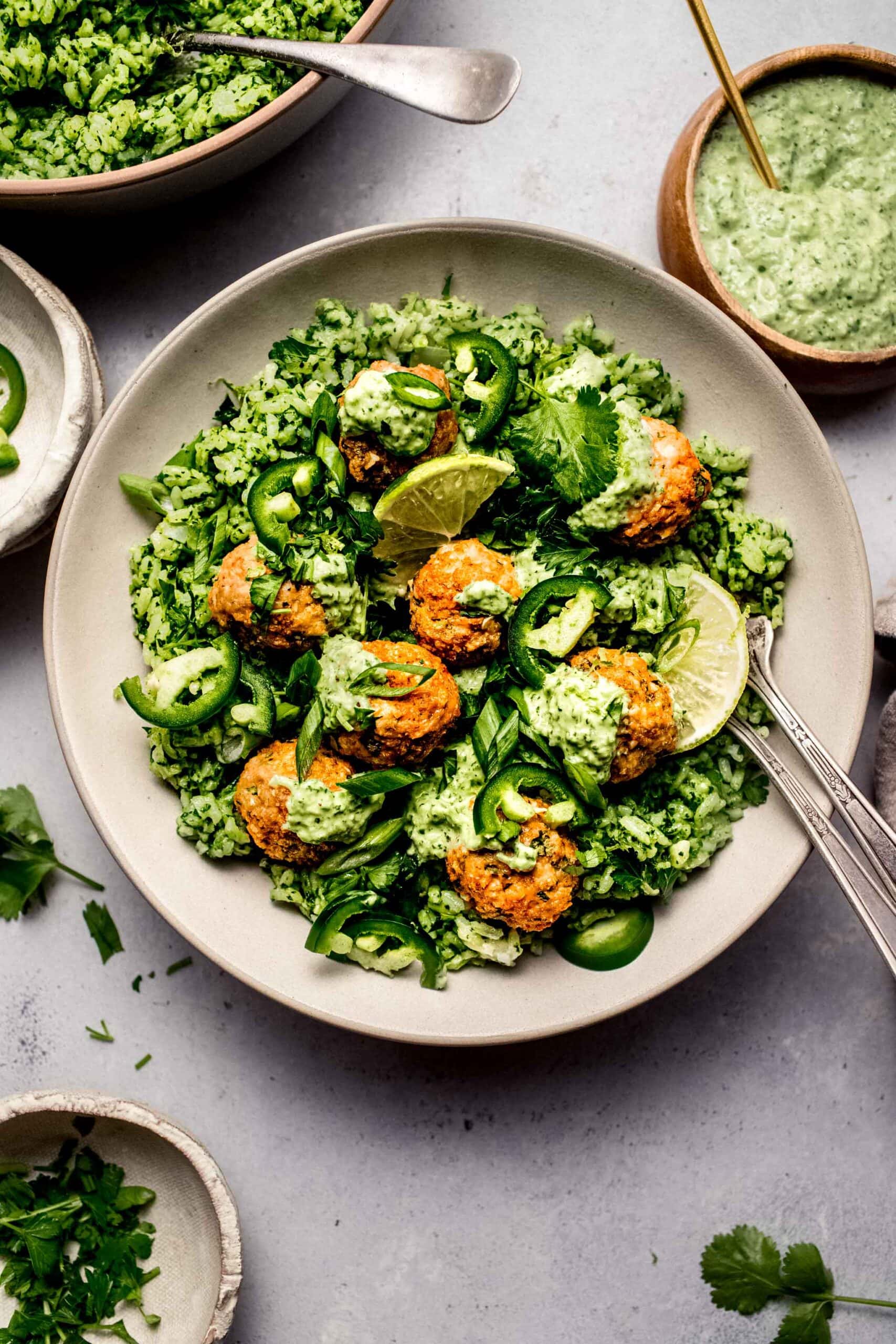 Peruvian Chicken Meatballs with Creamy Aji Verde - Platings + Pairings