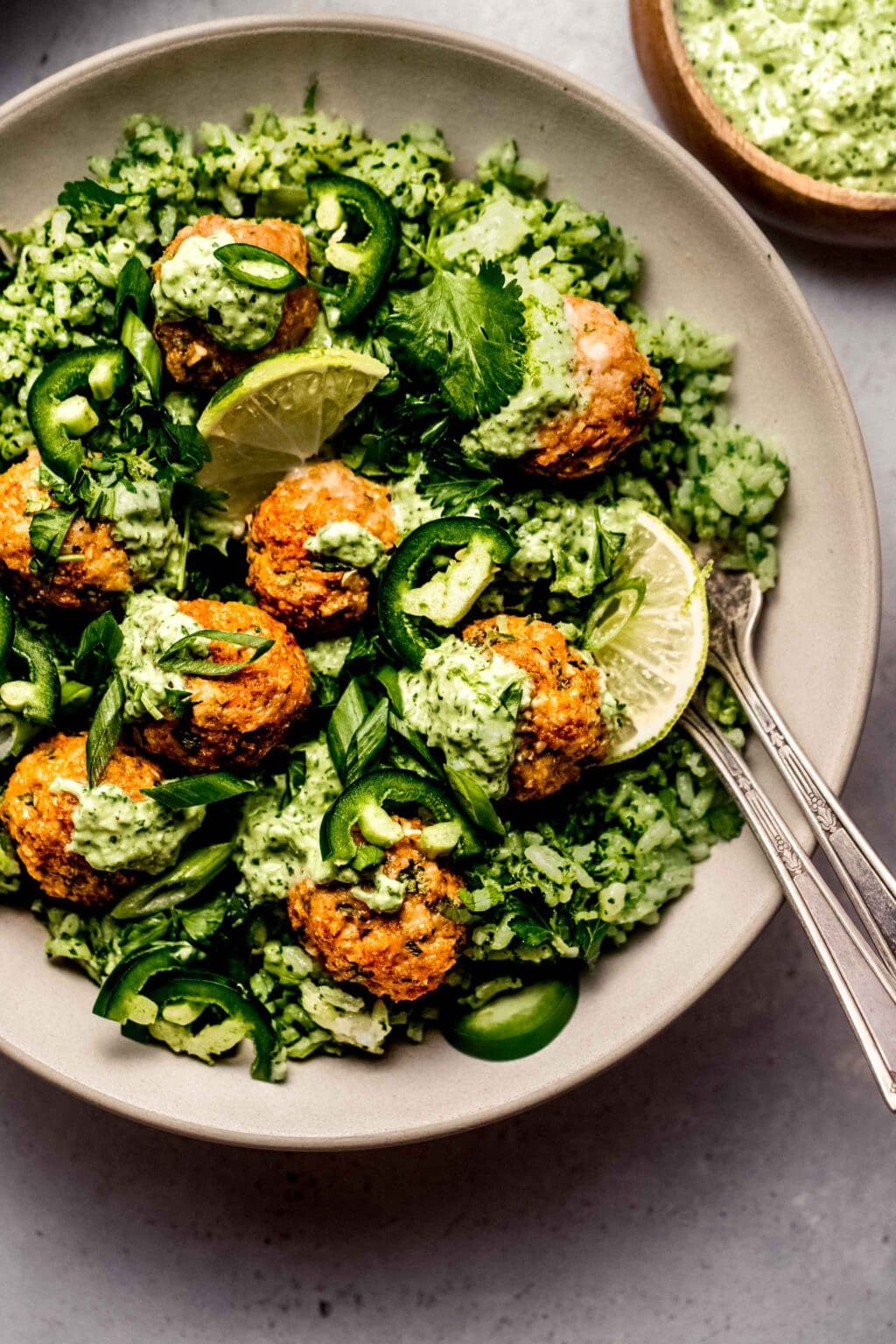 Peruvian Chicken Meatballs with Creamy Aji Verde - Platings + Pairings