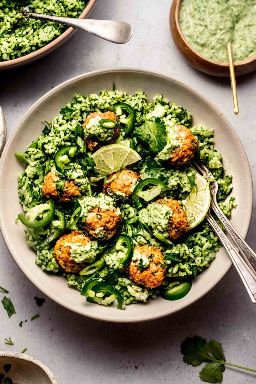 Peruvian Chicken Meatballs with Creamy Aji Verde - Platings + Pairings