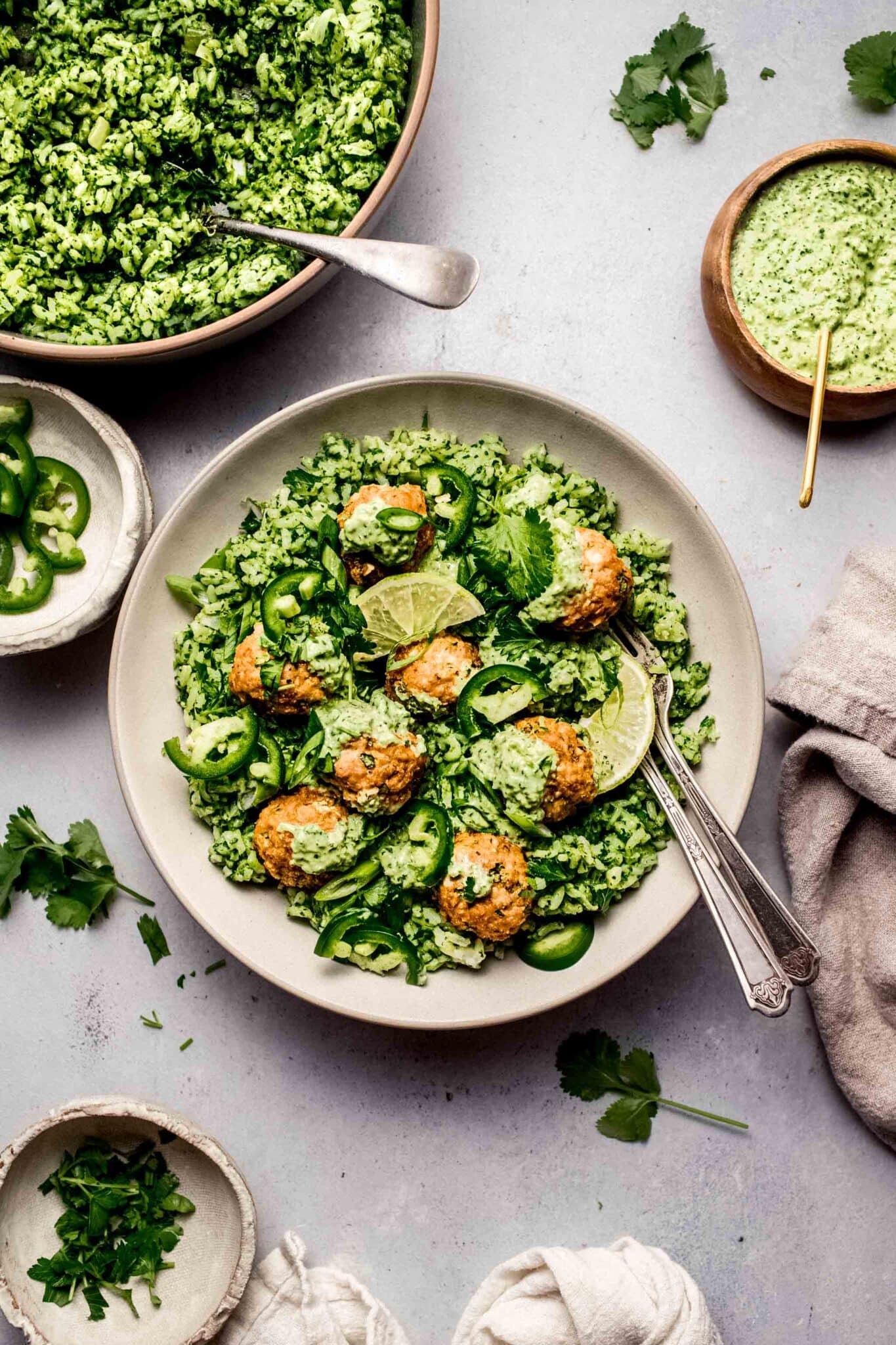 Peruvian Chicken Meatballs with Creamy Aji Verde - Platings + Pairings