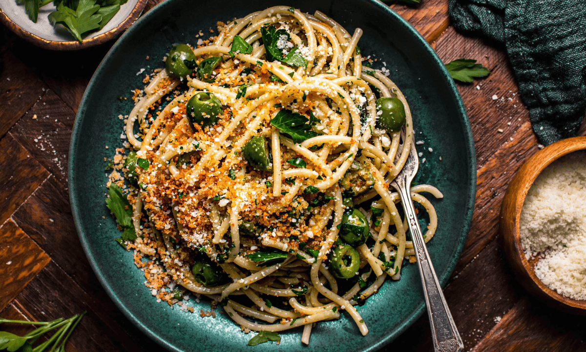 Pasta with Green Olives and Lemon Breadcrumbs (20-Minutes!)