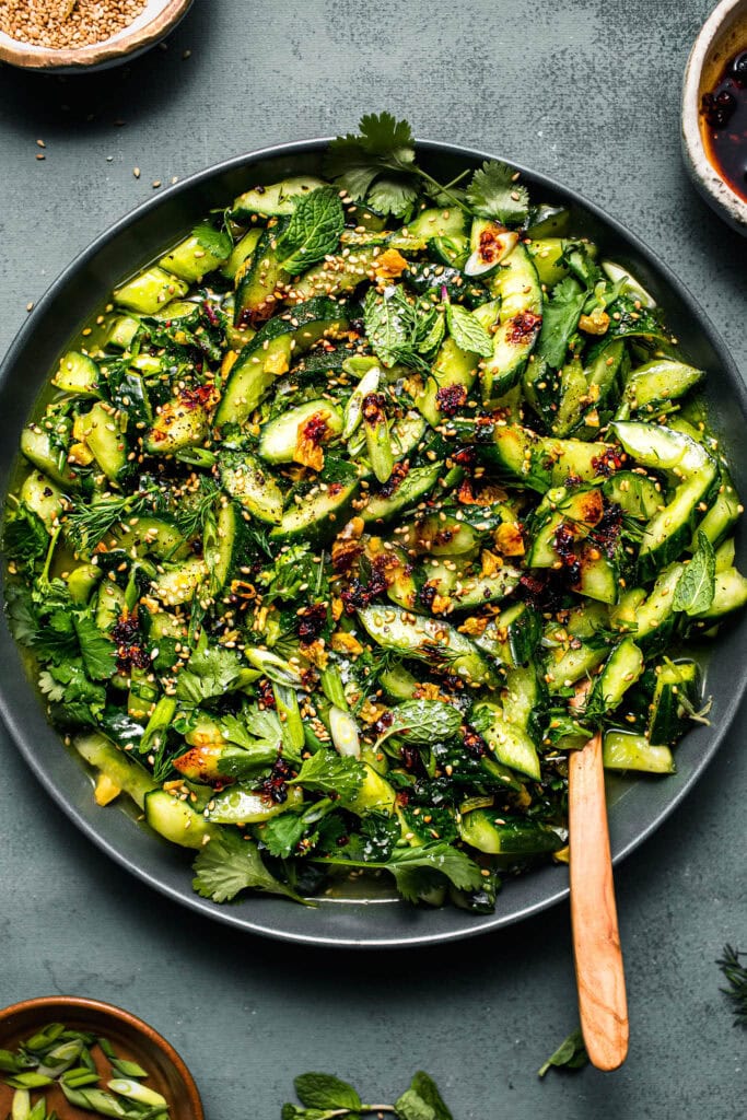 Smashed Cucumber Salad with Fresh Herbs + Chili Crisp