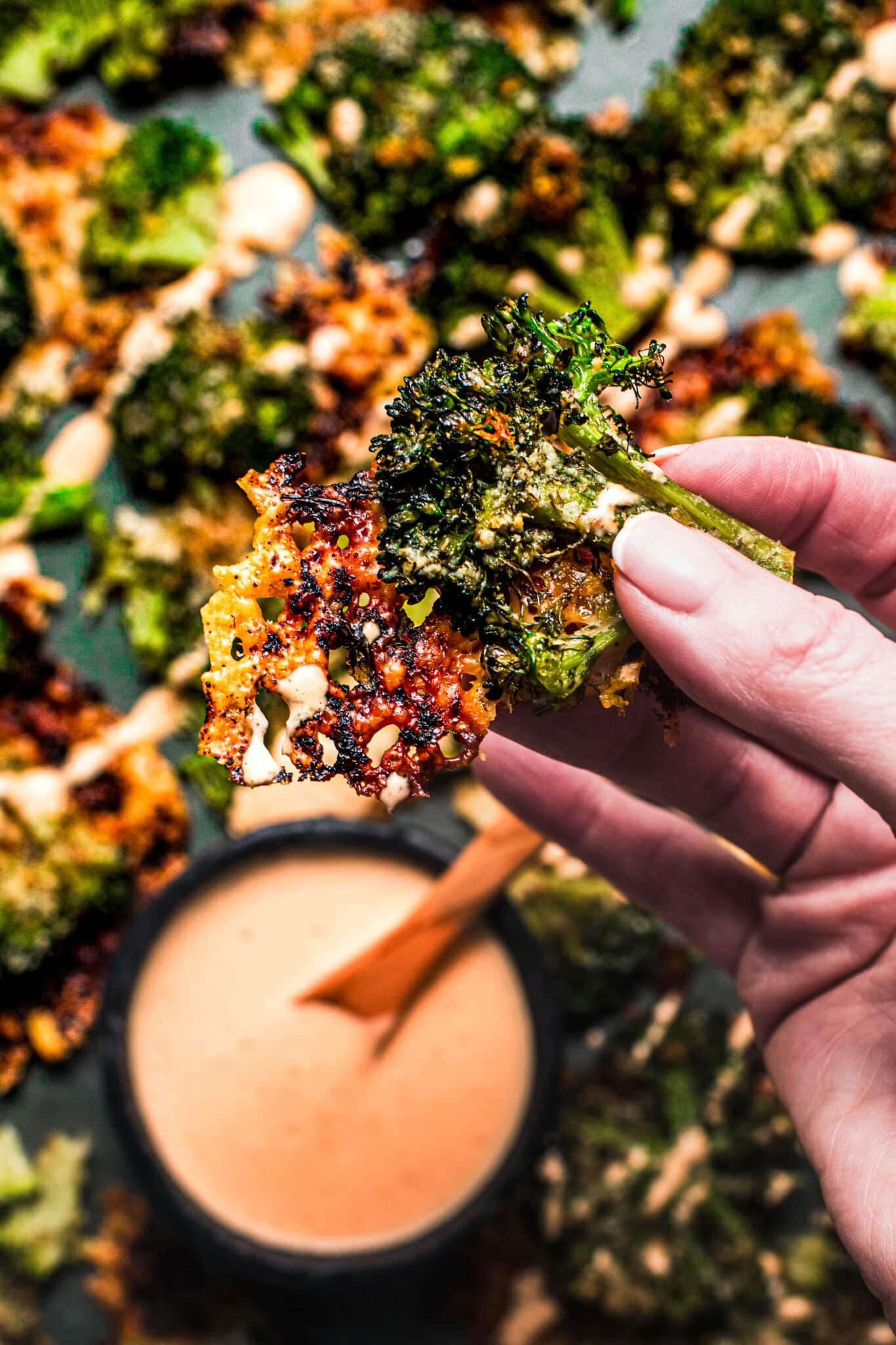 Crispy Smashed Broccoli with Parmesan + Sriracha Ranch