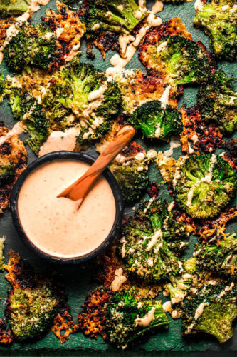 Crispy Smashed Broccoli with Parmesan + Sriracha Ranch