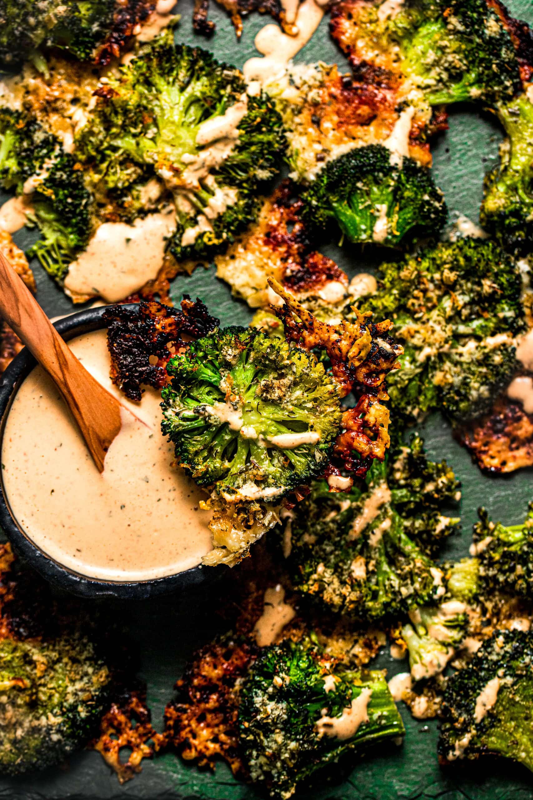 Crispy Smashed Broccoli with Parmesan + Sriracha Ranch