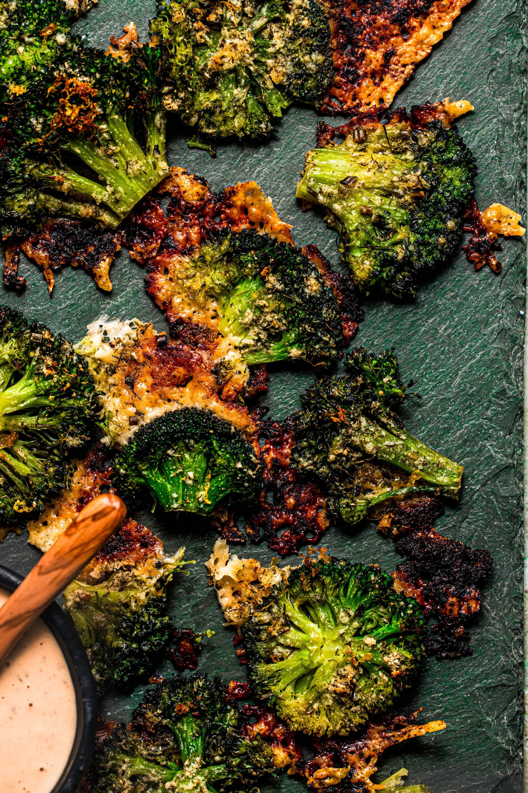 Crispy Smashed Broccoli with Parmesan + Sriracha Ranch
