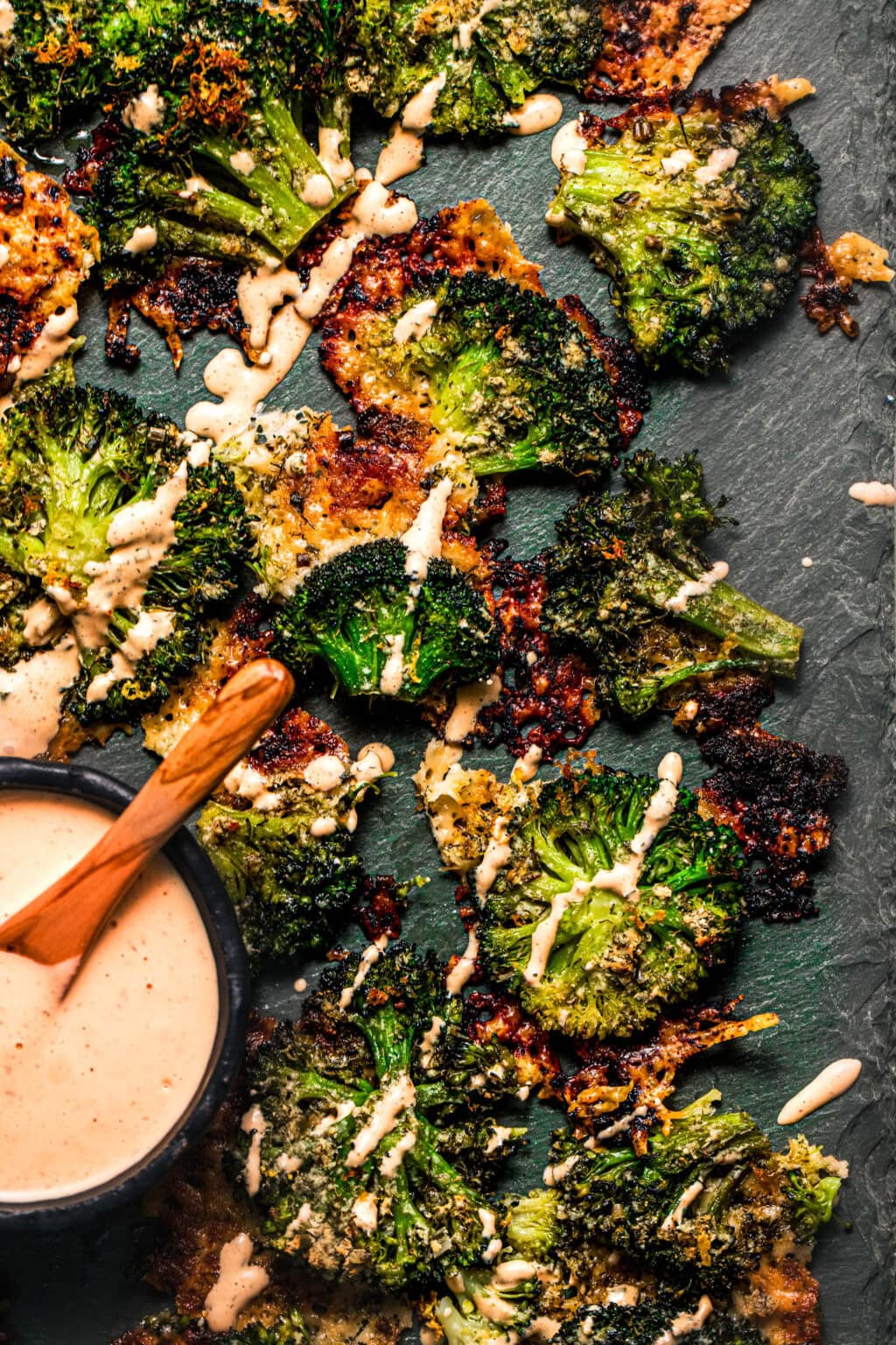 Crispy Smashed Broccoli with Parmesan + Sriracha Ranch