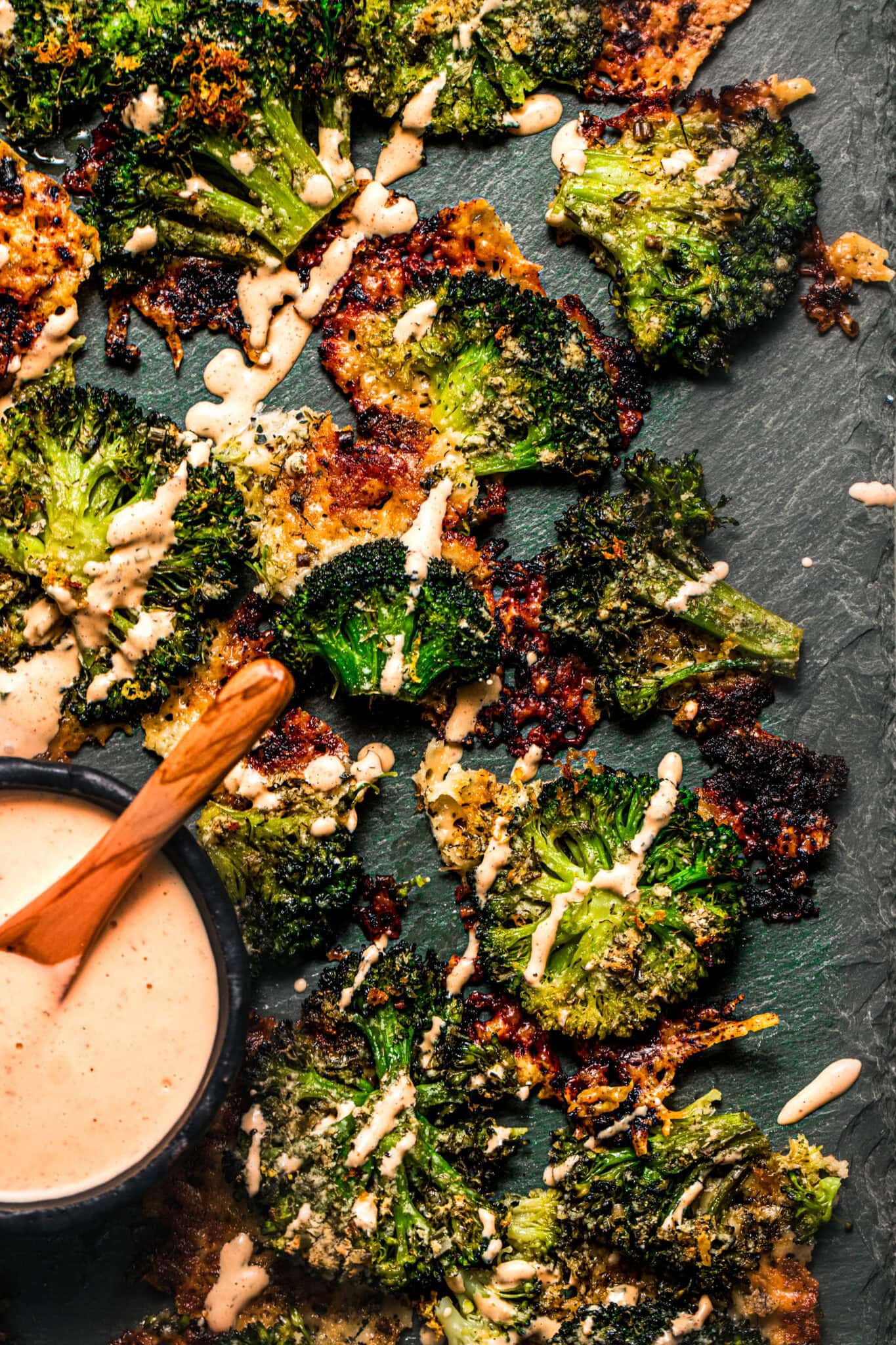 Crispy Smashed Broccoli with Parmesan + Sriracha Ranch